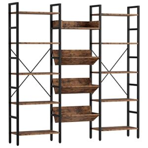 ironck bookcases and bookshelves triple wide 5 tiers industrial bookshelf, large etagere bookshelf open record player shelves with metal frame for living room home office, vintage brown