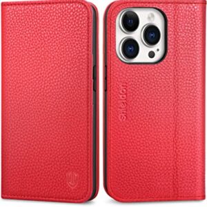 SHIELDON Wallet Case for iPhone 14 Pro 2022, Genuine Leather Folio Case Magnetic Closure RFID Blocking Card Slots Kickstand Full Protection Case Compatible with iPhone 14 Pro 6.1" - Litchi Grain Red