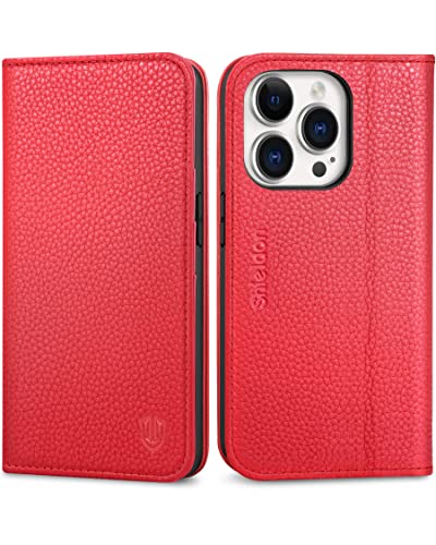 SHIELDON Wallet Case for iPhone 14 Pro 2022, Genuine Leather Folio Case Magnetic Closure RFID Blocking Card Slots Kickstand Full Protection Case Compatible with iPhone 14 Pro 6.1" - Litchi Grain Red