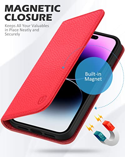 SHIELDON Wallet Case for iPhone 14 Pro 2022, Genuine Leather Folio Case Magnetic Closure RFID Blocking Card Slots Kickstand Full Protection Case Compatible with iPhone 14 Pro 6.1" - Litchi Grain Red