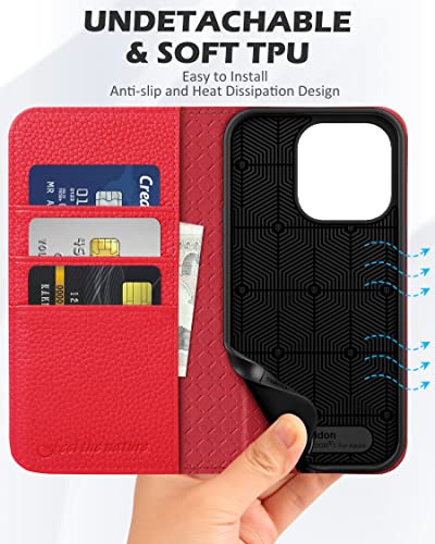 SHIELDON Wallet Case for iPhone 14 Pro 2022, Genuine Leather Folio Case Magnetic Closure RFID Blocking Card Slots Kickstand Full Protection Case Compatible with iPhone 14 Pro 6.1" - Litchi Grain Red