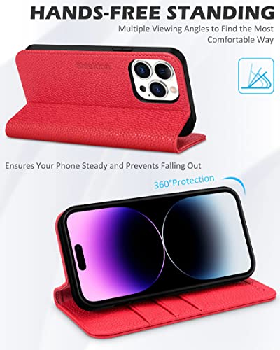 SHIELDON Wallet Case for iPhone 14 Pro 2022, Genuine Leather Folio Case Magnetic Closure RFID Blocking Card Slots Kickstand Full Protection Case Compatible with iPhone 14 Pro 6.1" - Litchi Grain Red