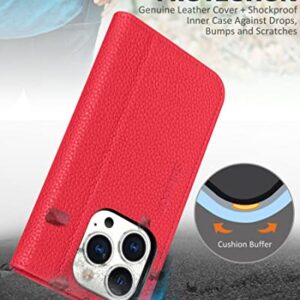 SHIELDON Wallet Case for iPhone 14 Pro 2022, Genuine Leather Folio Case Magnetic Closure RFID Blocking Card Slots Kickstand Full Protection Case Compatible with iPhone 14 Pro 6.1" - Litchi Grain Red