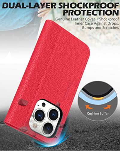 SHIELDON Wallet Case for iPhone 14 Pro 2022, Genuine Leather Folio Case Magnetic Closure RFID Blocking Card Slots Kickstand Full Protection Case Compatible with iPhone 14 Pro 6.1" - Litchi Grain Red