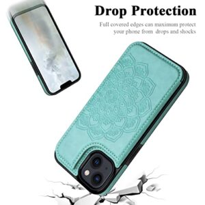 MMHUO for iPhone 14 Plus Case with Card Holder, Flower Magnetic Back Flip Case for iPhone 14 Plus Wallet Case for Women, Protective Case Phone Case for iPhone 14 Plus,Mint