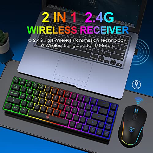 Snpurdiri 60% Wireless Gaming Keyboard and Mouse Combo,LED Backlit Rechargeable 2000mAh Battery,Small Membrane But Mechanical Keyboard + 6D 3200DPI Mice for Gaming,Business Office