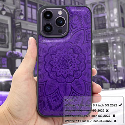 Harryshell Compatible with iPhone 14 Pro Max 6.7 inch 5G 2022 Wallet Case Detachable Magnetic Cover Zipper Cash Pocket Multi Card Slots Holder Wrist Strap Lanyard (Floral Purple)