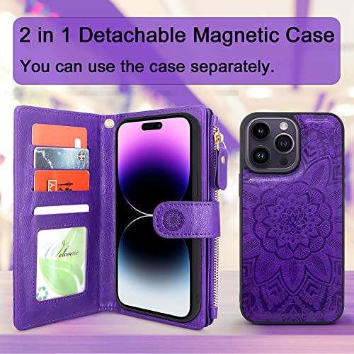 Harryshell Compatible with iPhone 14 Pro Max 6.7 inch 5G 2022 Wallet Case Detachable Magnetic Cover Zipper Cash Pocket Multi Card Slots Holder Wrist Strap Lanyard (Floral Purple)