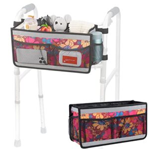 supregear walker basket, large capacity walker organizer bag with 4 mesh pockets and reflective stripe hook & loop design storage bag for walker carry accessories, floral