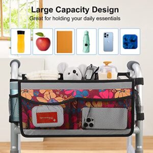 supregear Walker Basket, Large Capacity Walker Organizer Bag with 4 Mesh Pockets and Reflective Stripe Hook & Loop Design Storage Bag for Walker Carry Accessories, Floral