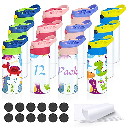 XccMe Kids Sublimation Tumbler,12 PACK 12oz Stainless Steel Sublimation Sippy Cup,Double Wall Insulated Kids Tumbler with Handle,Spill Proof lid,Shrink Films,Silicone Bottoms,for Water,Drinks