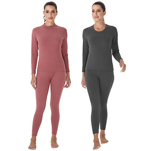 Odoland Thermal Underwear for Women, Lined Base Layer Set for Cold Weather, Winter Warm Shirt Pants Long,Pink Mock Neck and Dark Grey Crew Neck,L