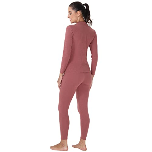 Odoland Thermal Underwear for Women, Lined Base Layer Set for Cold Weather, Winter Warm Shirt Pants Long,Pink Mock Neck and Dark Grey Crew Neck,L