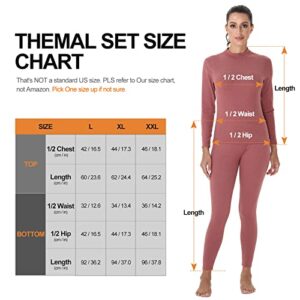 Odoland Thermal Underwear for Women, Lined Base Layer Set for Cold Weather, Winter Warm Shirt Pants Long,Pink Mock Neck and Dark Grey Crew Neck,L