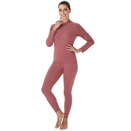 Odoland Thermal Underwear for Women, Lined Base Layer Set for Cold Weather, Winter Warm Shirt Pants Long,Pink Mock Neck and Dark Grey Crew Neck,L