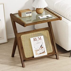 bamworld rattan side table boho nightstand mid century modern end table glass bedside table small end tables bamboo coffee table with storage for living room bedroom