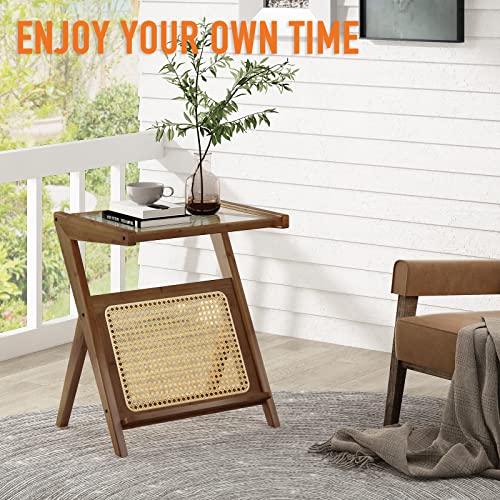 Bamworld Rattan Side Table Boho NightStand Mid Century Modern End Table Glass Bedside Table Small End Tables Bamboo Coffee Table with Storage for Living Room Bedroom