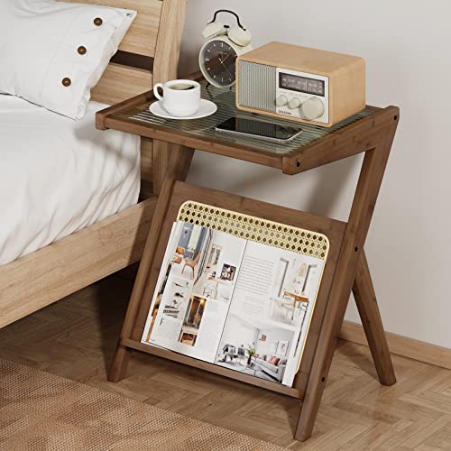 Bamworld Rattan Side Table Boho NightStand Mid Century Modern End Table Glass Bedside Table Small End Tables Bamboo Coffee Table with Storage for Living Room Bedroom