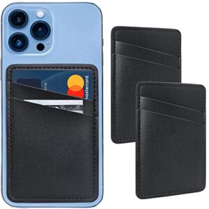 phone card holder for back of phone, leather phone wallet stick on, credit card holder for phone case compatible with iphone, samsung, android and all cell phone - 2pack black