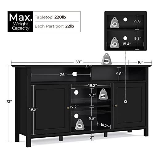 Yaheetech Black TV Stand for TVs up to 65 Inch, Modern Entertainment Center Media TV Console with Open Compartments & Double Doors, TV Cabinet with Storage for Living Room & Bedroom, 31 in Tall