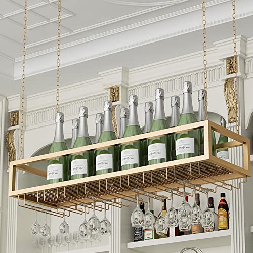 DASHADAO Hanging Wine Glass Rack-Bar Unit Floating Shelves, Metal Chain Wine Rack Ceiling Hanging Wine Bottle Holder with Goblet Stemware Racks Kitchen Upside Down Wine Rack Home Storage Sh