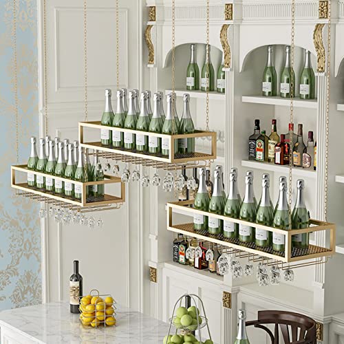 DASHADAO Hanging Wine Glass Rack-Bar Unit Floating Shelves, Metal Chain Wine Rack Ceiling Hanging Wine Bottle Holder with Goblet Stemware Racks Kitchen Upside Down Wine Rack Home Storage Sh