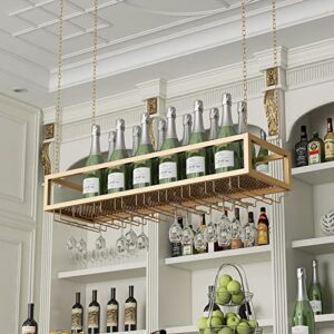 DASHADAO Hanging Wine Glass Rack-Bar Unit Floating Shelves, Metal Chain Wine Rack Ceiling Hanging Wine Bottle Holder with Goblet Stemware Racks Kitchen Upside Down Wine Rack Home Storage Sh