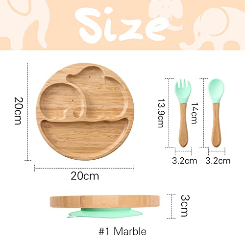 Suction Plates for Baby & Toddler, Bamboo Divided Platter Feeding Dishes with Silicone Fork& Spoon, All-Natural Baby Food Plate Stays for Baby-Led Weaning, Non-Slip Design