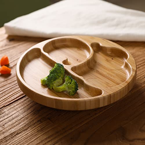 Suction Plates for Baby & Toddler, Bamboo Divided Platter Feeding Dishes with Silicone Fork& Spoon, All-Natural Baby Food Plate Stays for Baby-Led Weaning, Non-Slip Design