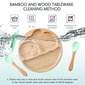 Suction Plates for Baby & Toddler, Bamboo Divided Platter Feeding Dishes with Silicone Fork& Spoon, All-Natural Baby Food Plate Stays for Baby-Led Weaning, Non-Slip Design