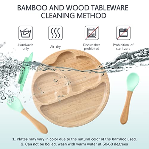 Suction Plates for Baby & Toddler, Bamboo Divided Platter Feeding Dishes with Silicone Fork& Spoon, All-Natural Baby Food Plate Stays for Baby-Led Weaning, Non-Slip Design