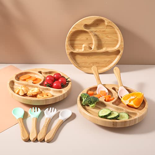 Suction Plates for Baby & Toddler, Bamboo Divided Platter Feeding Dishes with Silicone Fork& Spoon, All-Natural Baby Food Plate Stays for Baby-Led Weaning, Non-Slip Design