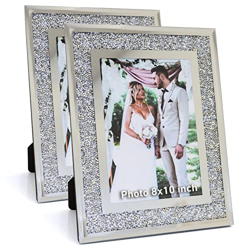 SW SAINT WINO 8x10 Picture Frame Set, Wedding Picture Frame and Family Pictures Ideal for Gifts, Crystal Silver Glass Photo Frame, Crushed Diamonds 2 Piece Pack for Tabletop Display.