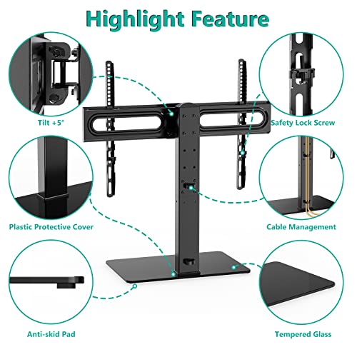 WALI Universal TV Stand, Table Top TV Stand for 37 to 70 inch LCD LED TVs, 9 Level Height Adjustable TV Mount with Tempered Glass Base, Holds up to 88lbs, Max Mounting Holes 600x400mm (TVDVD-5), Black