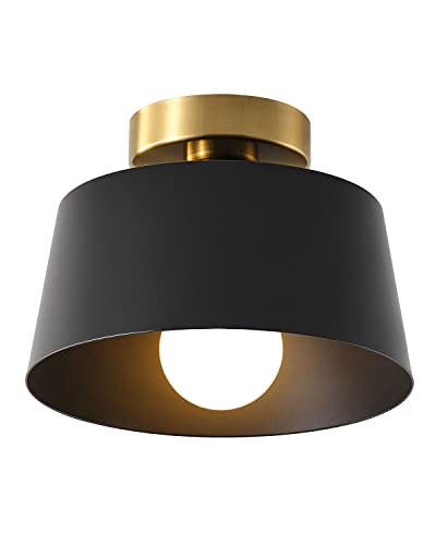 Ceiling Light Fixture, Hallway Ceiling Light with Gold Plate and Matte Black Shade, Modern Simple Style Porch Light Fixtures Semi Flush Mount (Black)