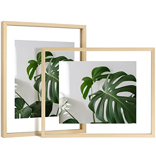 Egofine 11x14 Floating Frames Set of 2, Double Glass Picture Frame, Made of Solid Wood Display Any Size Photo up to 11x14, Wall Mount or Tabletop Standing, Natural Wood