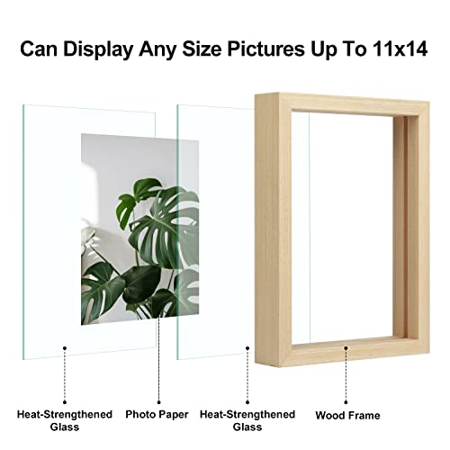 Egofine 11x14 Floating Frames Set of 2, Double Glass Picture Frame, Made of Solid Wood Display Any Size Photo up to 11x14, Wall Mount or Tabletop Standing, Natural Wood