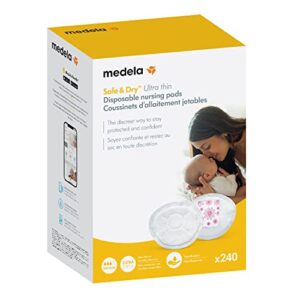 medela safe & dry ultra thin disposable nursing pads, 240 count breast pads for breastfeeding, leakproof design, slender and contoured for optimal fit and discretion