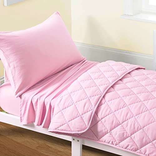 FLXXIE 4 Pieces Microfiber Toddler Bedding Set, Super Soft and Breathable Crib Sheet Set, Includes Quilted Comforter, Flat Top Sheet, Fitted Sheet, Envelope Pillow Case for Boys and Girls, Pink