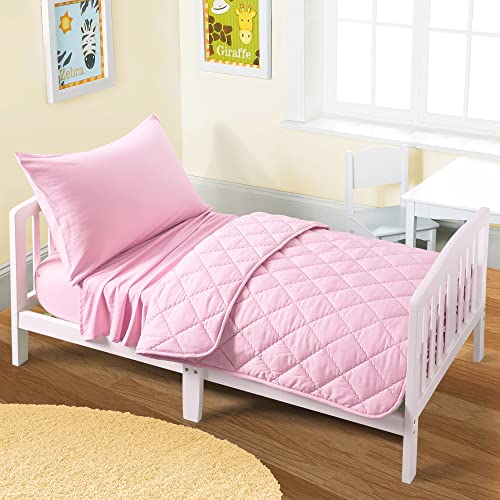 FLXXIE 4 Pieces Microfiber Toddler Bedding Set, Super Soft and Breathable Crib Sheet Set, Includes Quilted Comforter, Flat Top Sheet, Fitted Sheet, Envelope Pillow Case for Boys and Girls, Pink