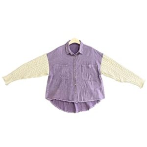 ChiyeeKiss Women's Oversized Patchwork Jean Jacket Distressed Fringed Hem Denim Jacket Sweater Long Sleeves Shacket Jacket(0028-LightPurple-M)