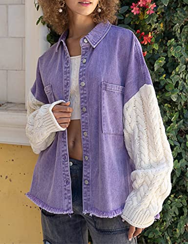 ChiyeeKiss Women's Oversized Patchwork Jean Jacket Distressed Fringed Hem Denim Jacket Sweater Long Sleeves Shacket Jacket(0028-LightPurple-M)