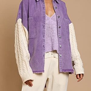 ChiyeeKiss Women's Oversized Patchwork Jean Jacket Distressed Fringed Hem Denim Jacket Sweater Long Sleeves Shacket Jacket(0028-LightPurple-M)