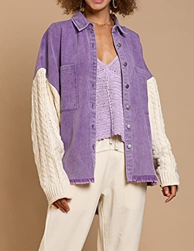 ChiyeeKiss Women's Oversized Patchwork Jean Jacket Distressed Fringed Hem Denim Jacket Sweater Long Sleeves Shacket Jacket(0028-LightPurple-M)