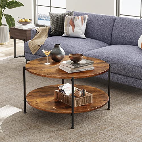 WLIVE Round Coffee Table, Living Room Table with 2-Tier Storage Shelf, 32in Wood Modern Coffee Table with Metal Frame and Wood Desktop,Easy Assembly, Rustic Brown.