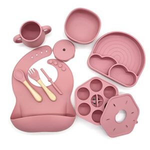 rayshie 7pcs baby silicone feeding set 6-hole silicone children's food supplement box silicone bib toddler bowl straw cup with suction baby plate fork&spoon baby eating supplies baby gifts bpa free