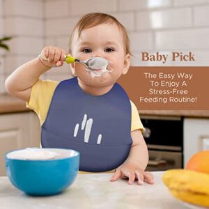 Baby Pick Silicone Bibs For Babies- BPA-Free Waterproof Bib With Pocket- Dishwasher Safe Feeding Bib With Food Catcher (Slate Blue)