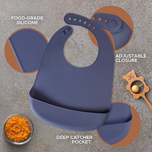 Baby Pick Silicone Bibs For Babies- BPA-Free Waterproof Bib With Pocket- Dishwasher Safe Feeding Bib With Food Catcher (Slate Blue)