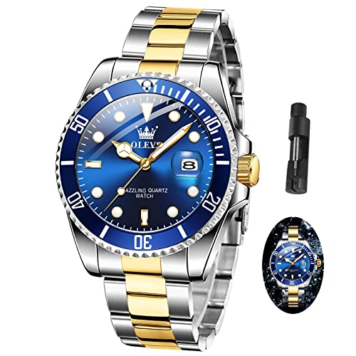 Blue Face Watches for Men Silver Gold Stainless Steel Band Watches With Date OLEVS Watch Mens Pro Diver Watches Classic Waterproof Wristwatch for Men Round Dress Big Face Male Watch Fashion Multifunction For Man Luxury Analog Quartz Luminous Watch