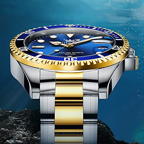 Blue Face Watches for Men Silver Gold Stainless Steel Band Watches With Date OLEVS Watch Mens Pro Diver Watches Classic Waterproof Wristwatch for Men Round Dress Big Face Male Watch Fashion Multifunction For Man Luxury Analog Quartz Luminous Watch